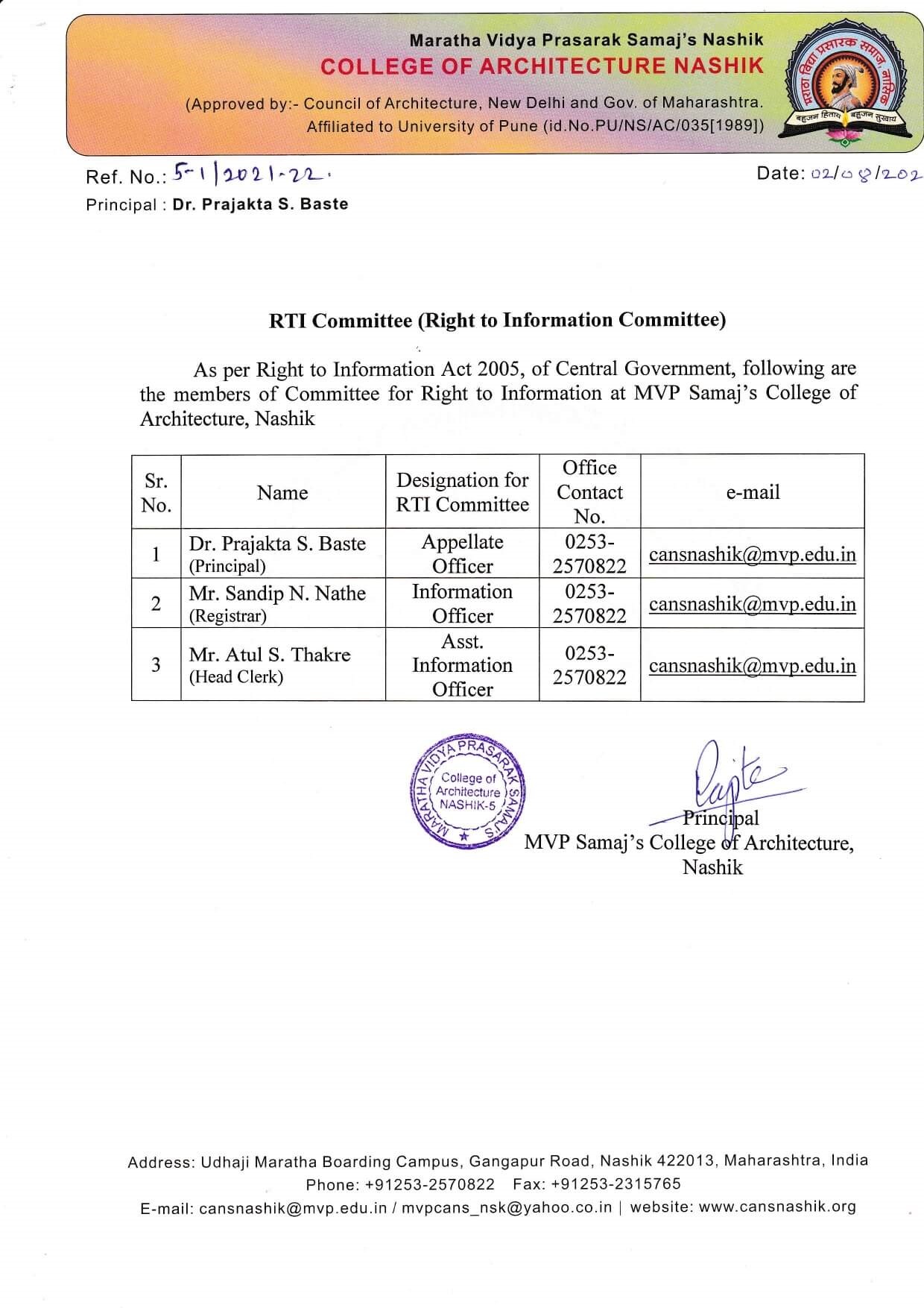 RTI – MVP Samaj's Sharadchandraji Pawar College of Architecture